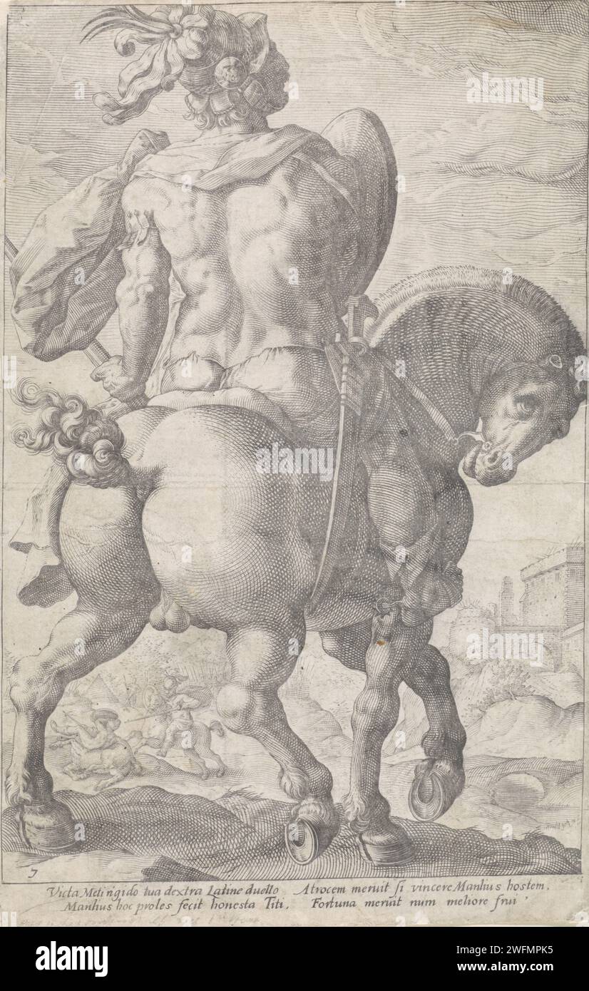 Titus Manlius te paard, anonymous, after Hendrick Goltzius, 1608 - 1635 ...