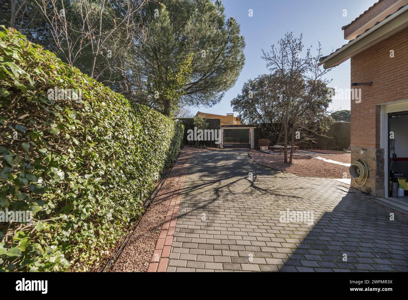 Vehicle access path in a house with a plot with a thick perimeter hedge ...