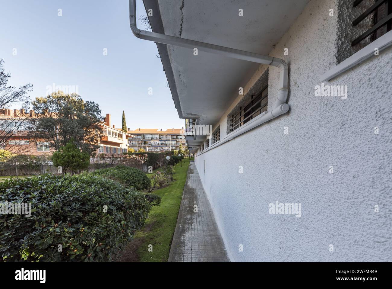Exterior perimeter corridor of a residential building with common areas ...