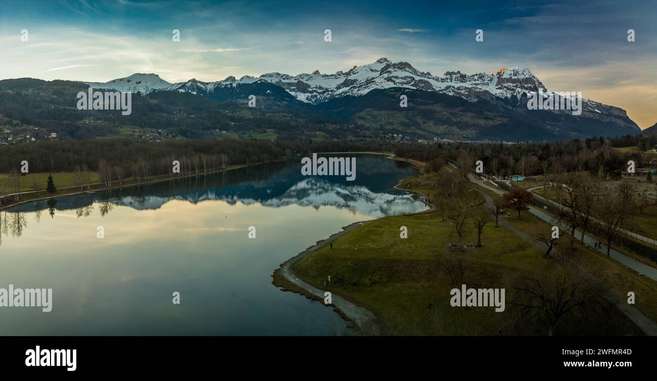 Aerial drone view of Lac de Passy lake in Domancy, Base de Loisirs ...