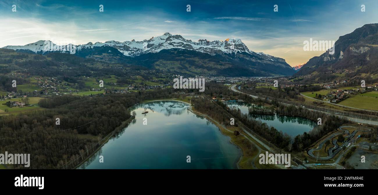 Aerial drone view of Lac de Passy lake in Domancy, Base de Loisirs ...