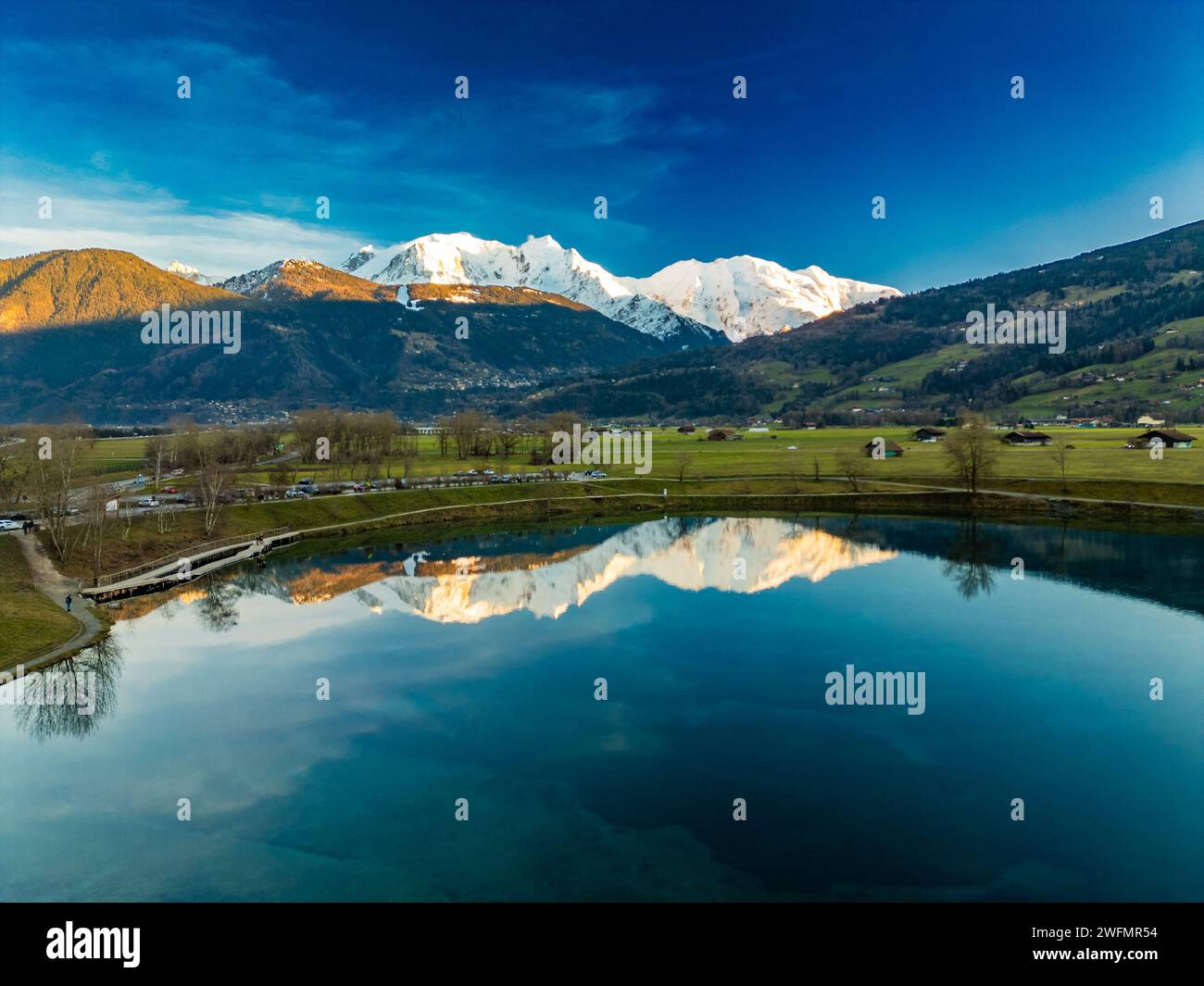 Aerial drone view of Lac de Passy lake in Domancy, Base de Loisirs ...
