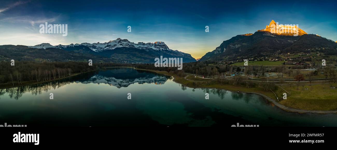 Aerial drone view of Lac de Passy lake in Domancy, Base de Loisirs ...