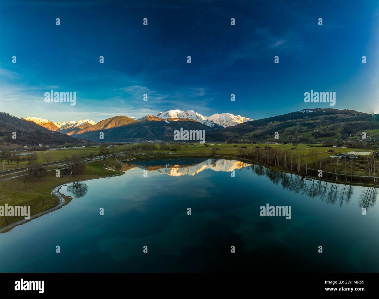 Aerial drone view of Lac de Passy lake in Domancy, Base de Loisirs ...