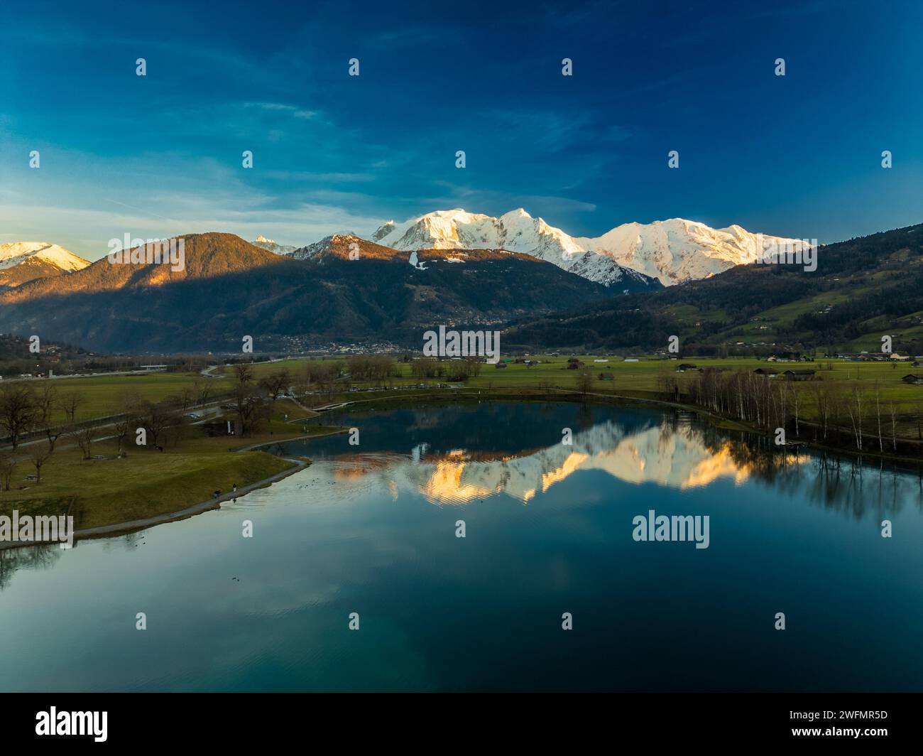 Aerial drone view of Lac de Passy lake in Domancy, Base de Loisirs ...