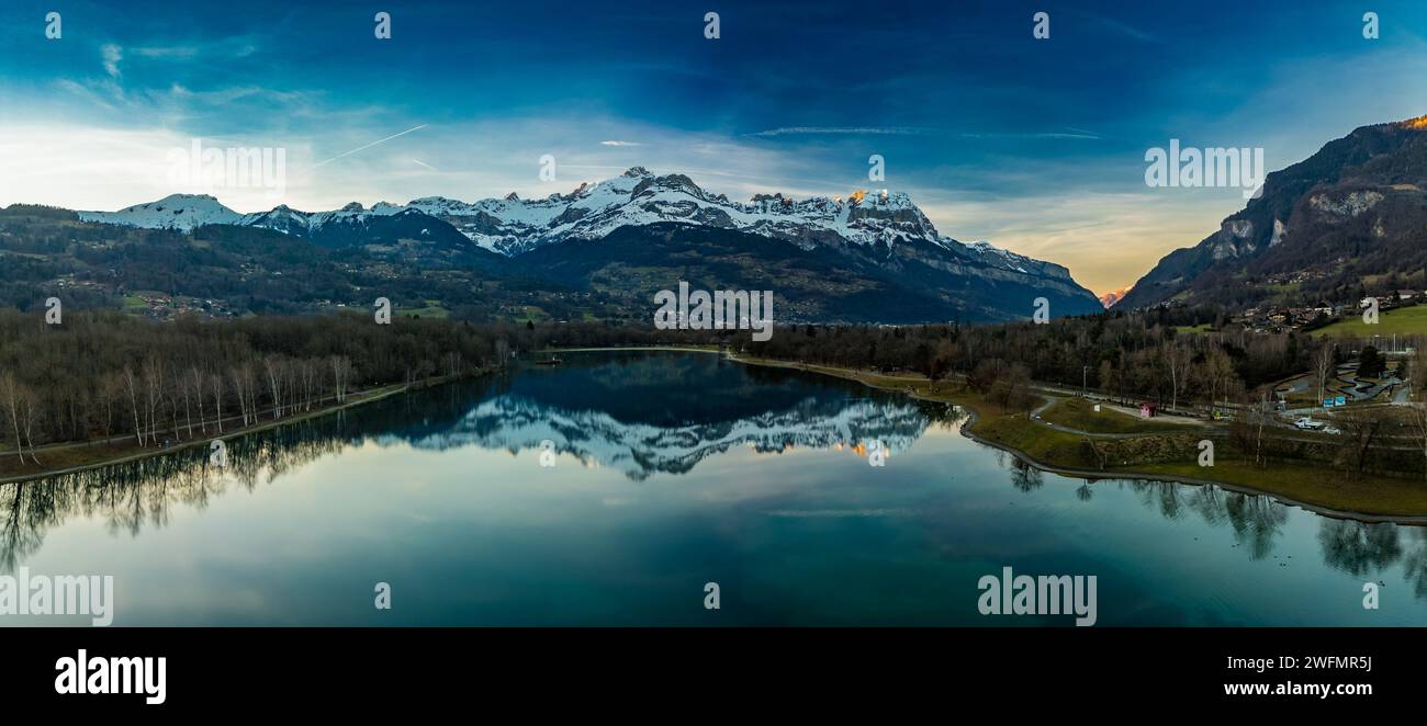 Aerial drone view of Lac de Passy lake in Domancy, Base de Loisirs ...
