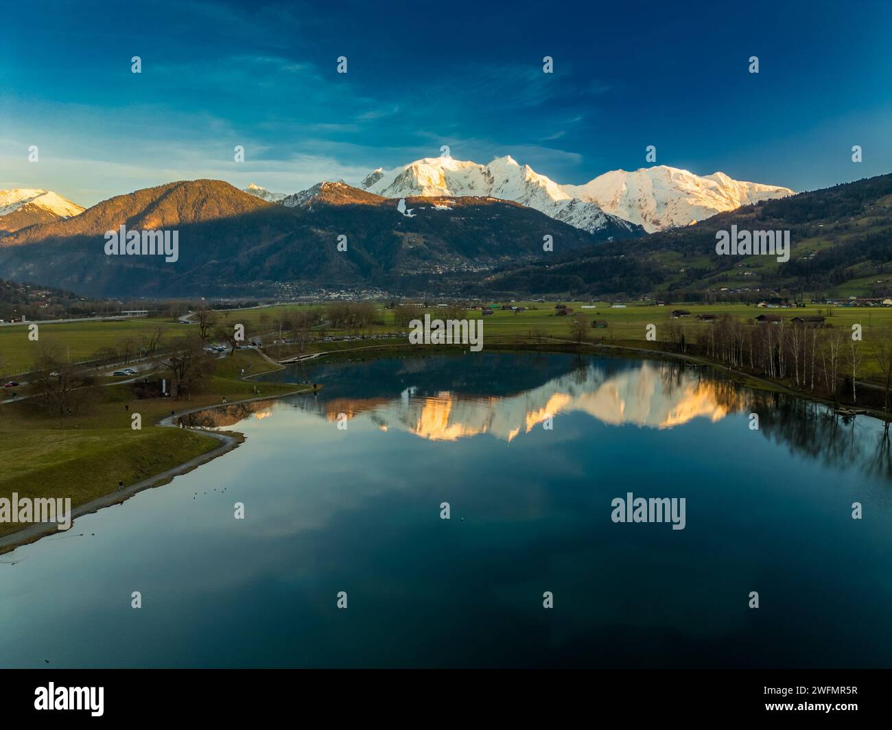 Aerial drone view of Lac de Passy lake in Domancy, Base de Loisirs ...