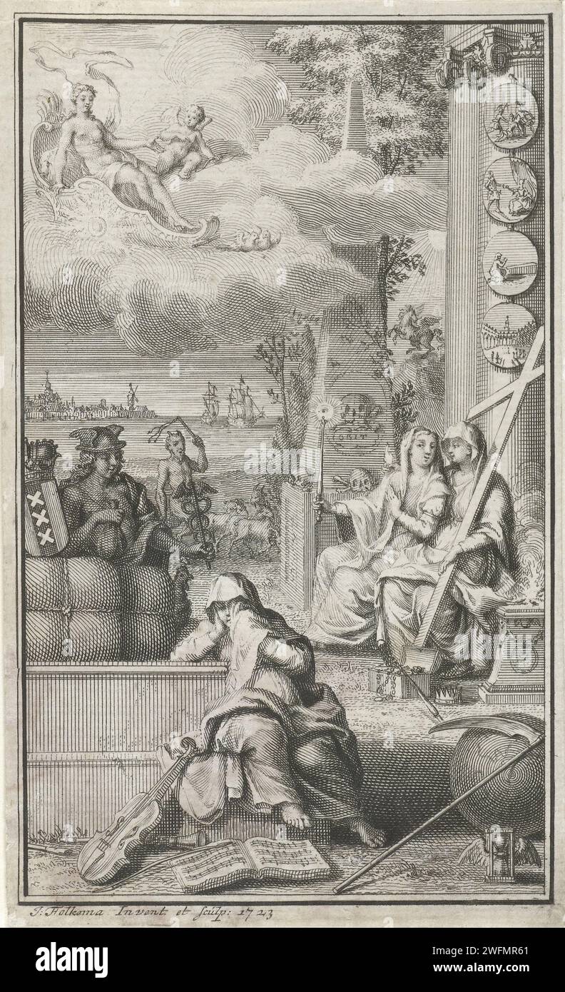 Allegorical figures at a grave monument, Jacob Folkema, 1723 print Allegorical figures in a ...