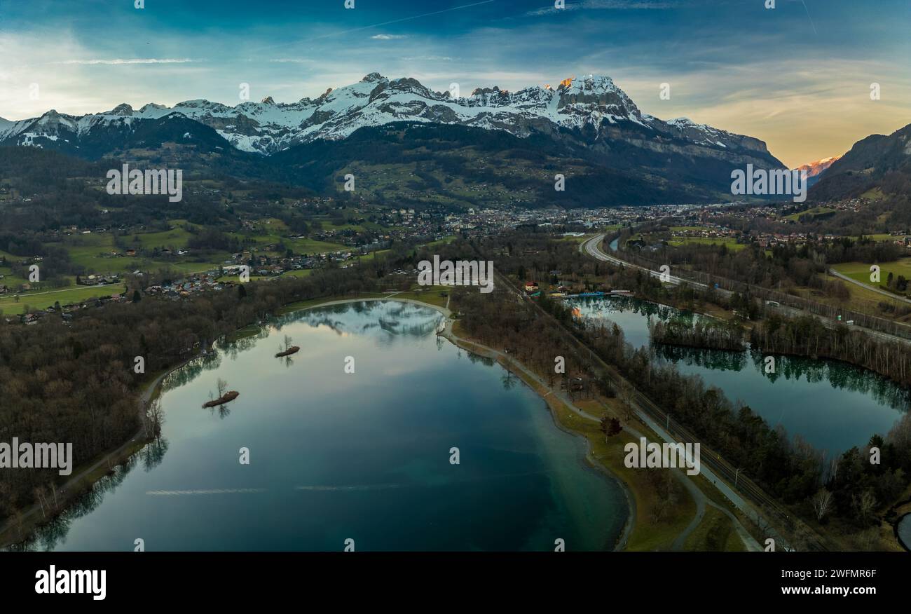 Aerial drone view of Lac de Passy lake in Domancy, Base de Loisirs ...