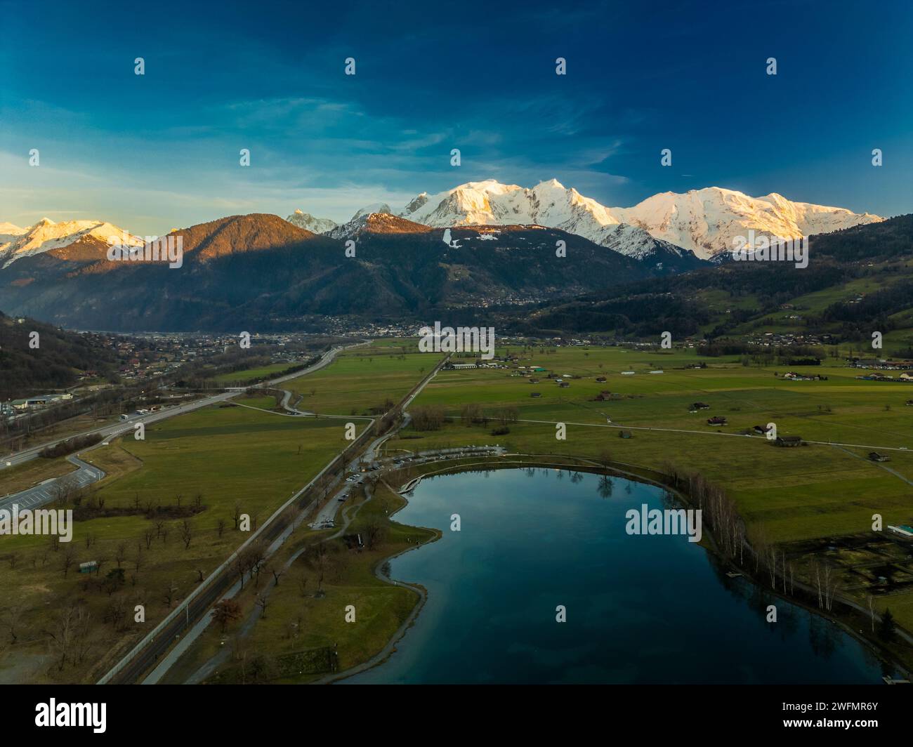 Aerial drone view of Lac de Passy lake in Domancy, Base de Loisirs ...