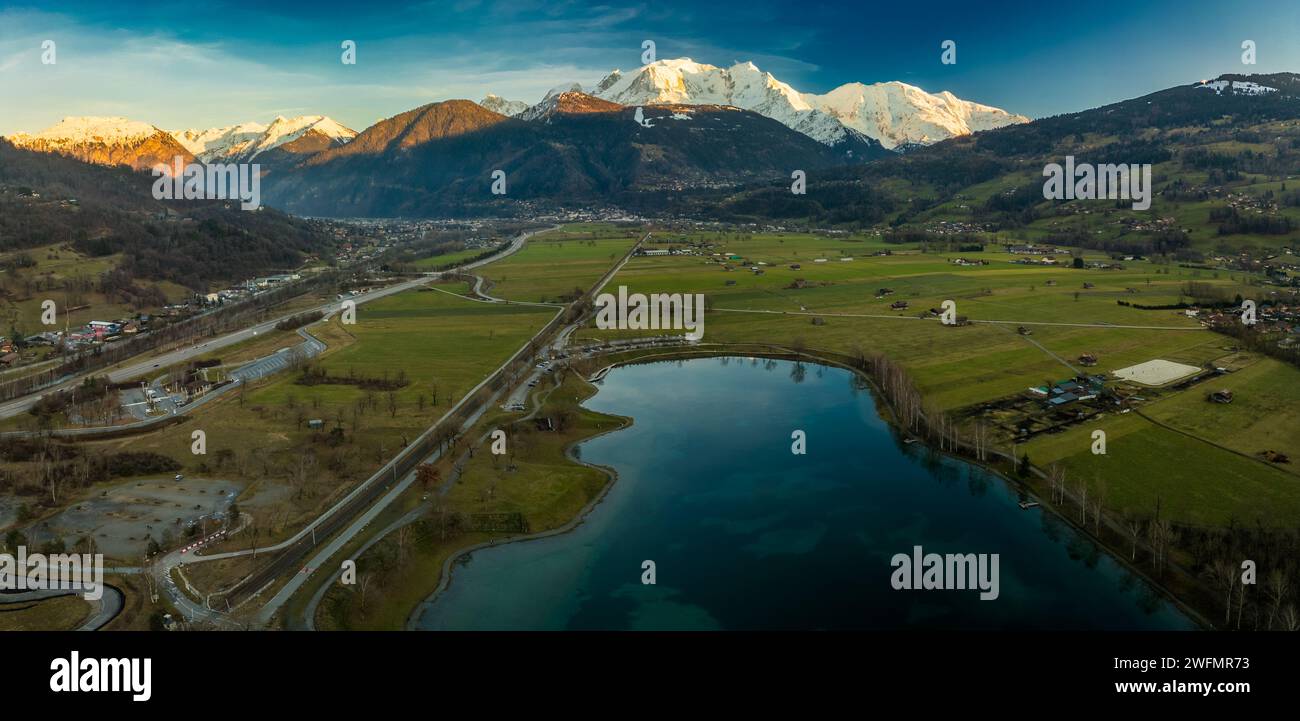 Aerial drone view of Lac de Passy lake in Domancy, Base de Loisirs ...