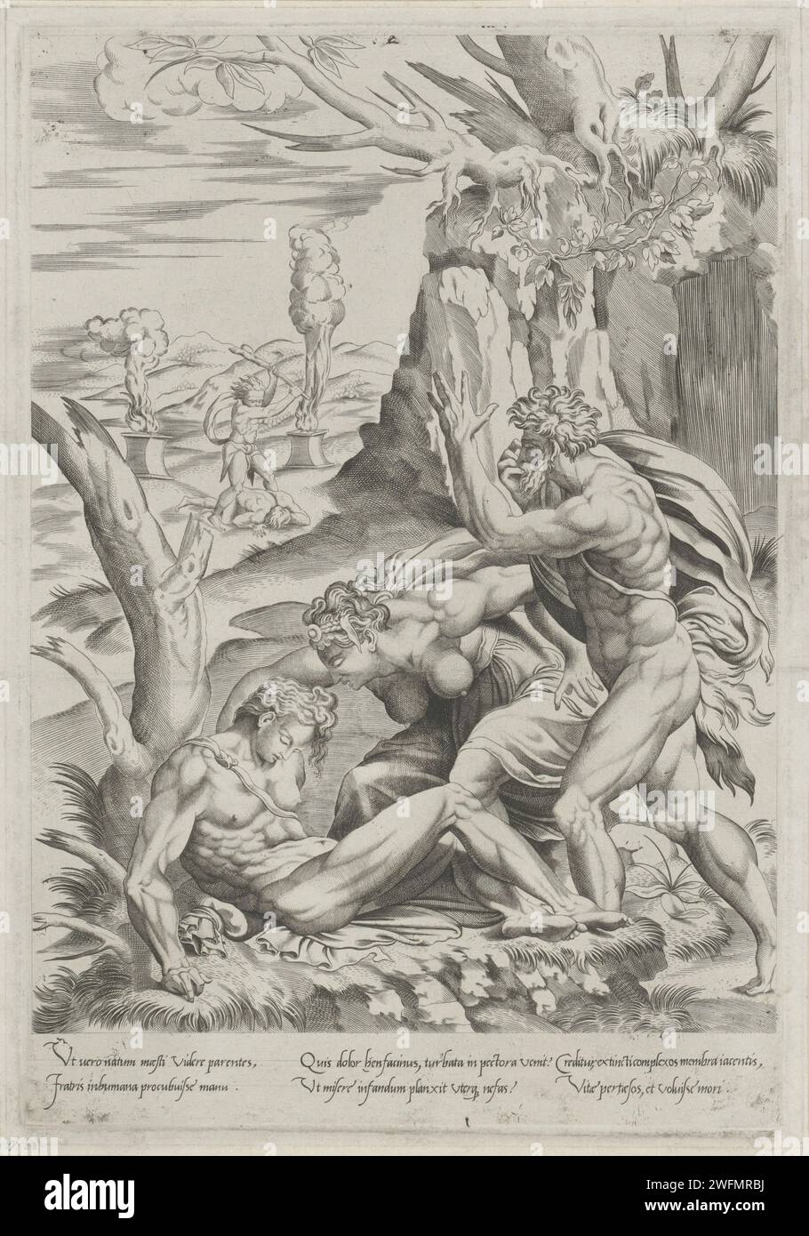 Adam en Eva bewenen Abel, Nicolas Beatrizet (attributed to), 1525 - 1565 print Adam and Eva are ...