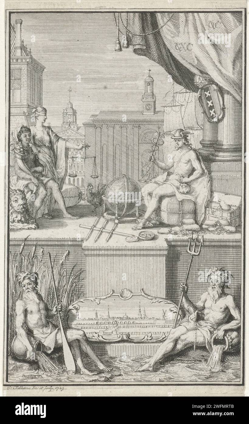 Allegory on the V.O.C., Jacob Folkema, 1723 print Under a canopy, decorated with the monogram of ...