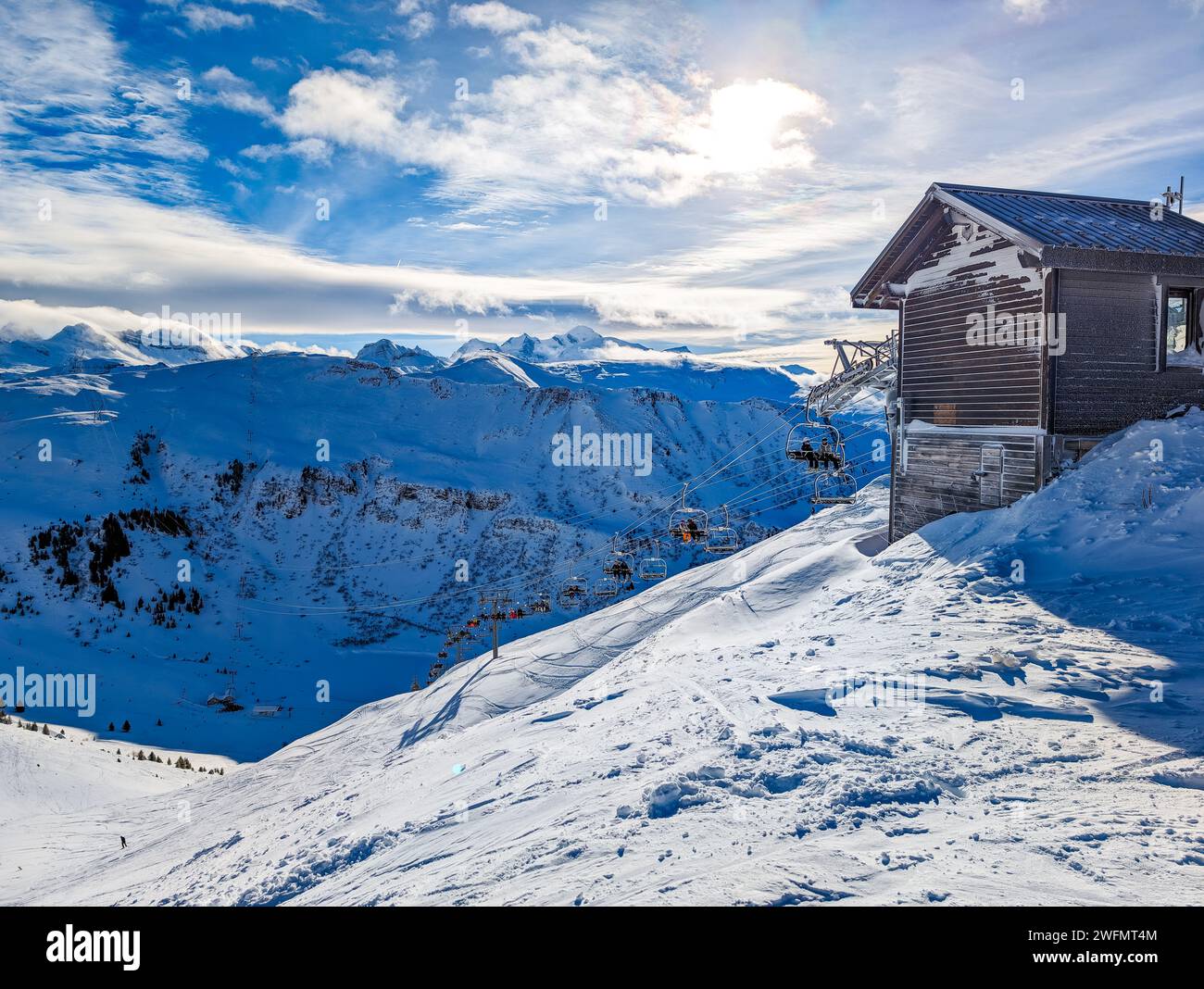 Snowy winter French Alps, ski resort Flaine, Grand Massif area within ...