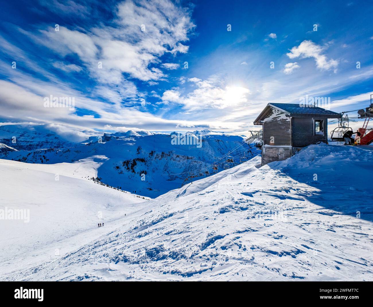 Snowy winter French Alps, ski resort Flaine, Grand Massif area within ...