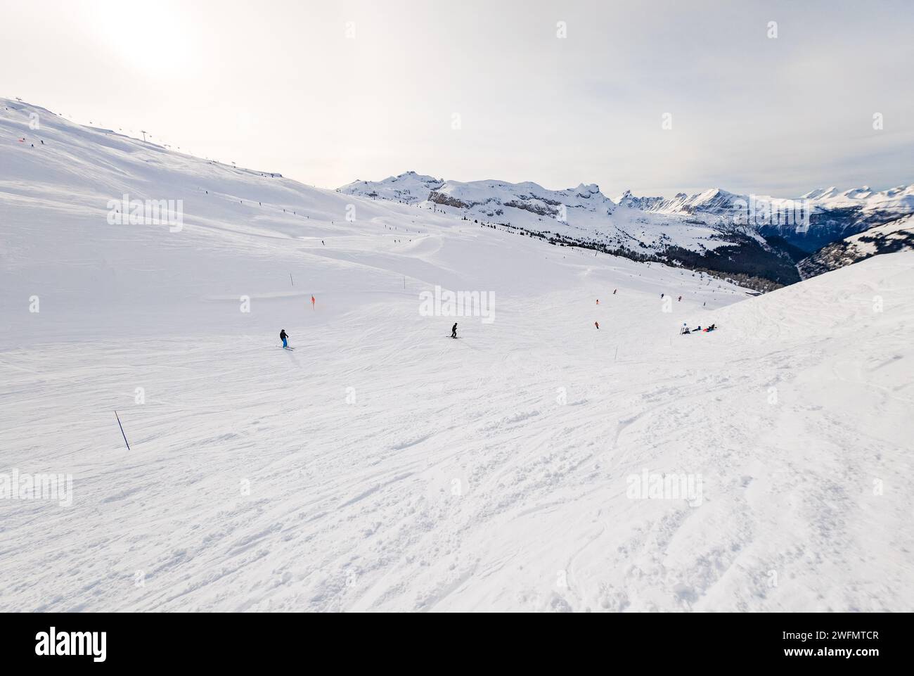 Snowy winter French Alps, ski resort Flaine, Grand Massif area within ...