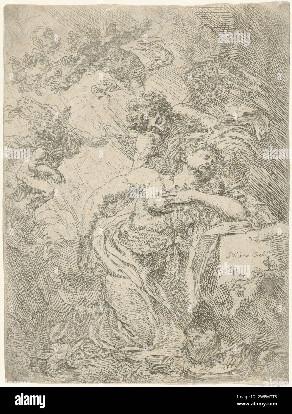 Maria Magdalena with angels, Godfried Maes, 1659 - 1700 print The ...