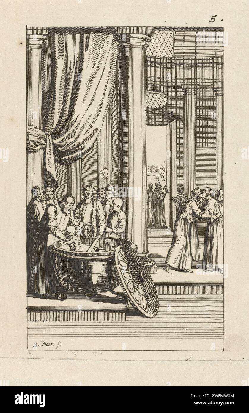 Baptism of a child, Bernard Picart, 1683 - 1733 print The priest keeps ...