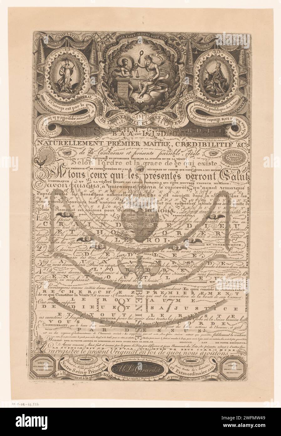 Composition with a variety of text, numbers, symbols and allegorical ...