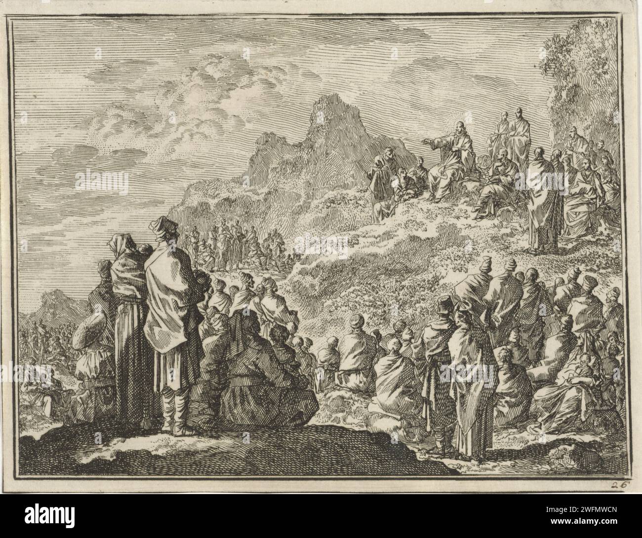 Mountain, Jan Luyken, 1712 print Amsterdam paper etching Christ's sermon on the mount (Matthew 5 ...