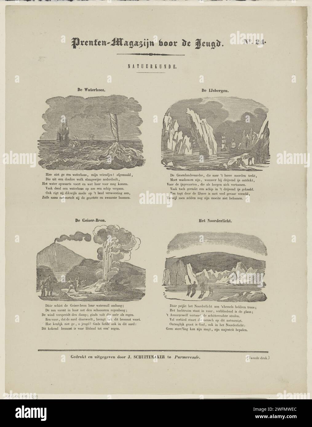 Waterhoos, Icebergen, Geyser and Noorderlicht, 1842 print Leaf with 4 ...
