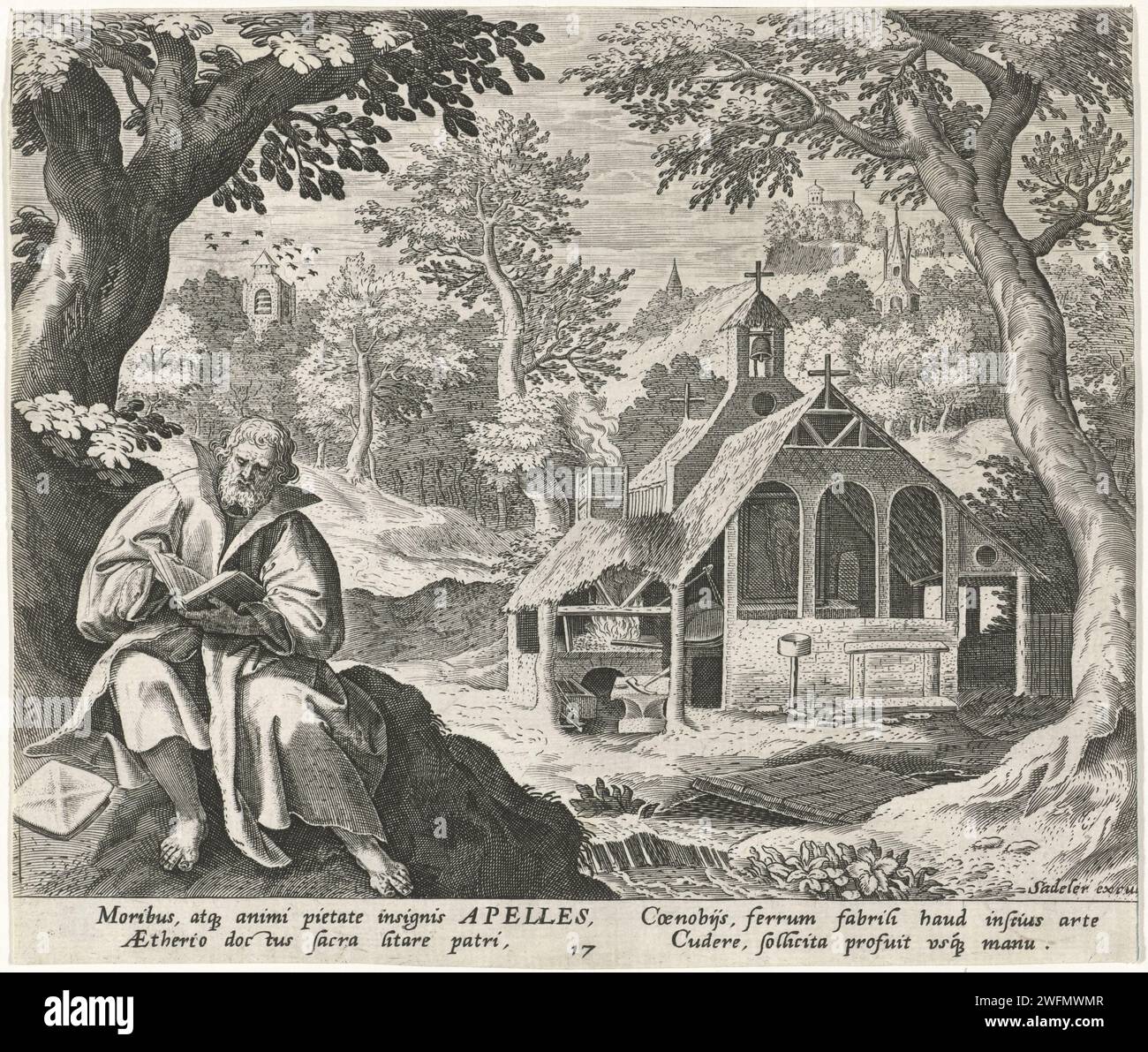 Apelles van Geneva as a recluse, Johann Sadeler (I), After Maerten de ...