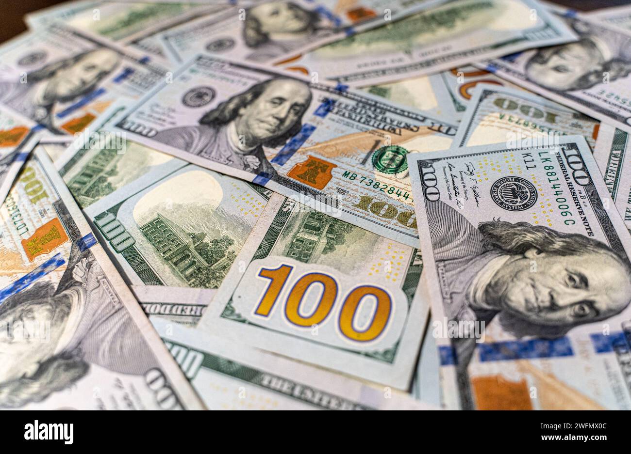 Close up view of cash money, 100 one hundred US dollar bills, 50 US ...