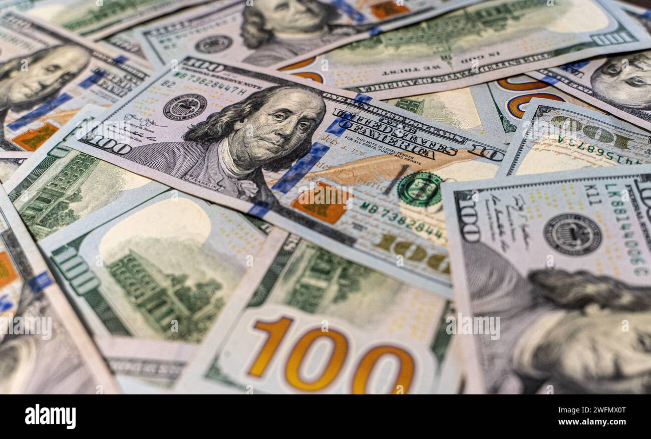 Close up view of cash money, 100 one hundred US dollar bills, 50 US ...