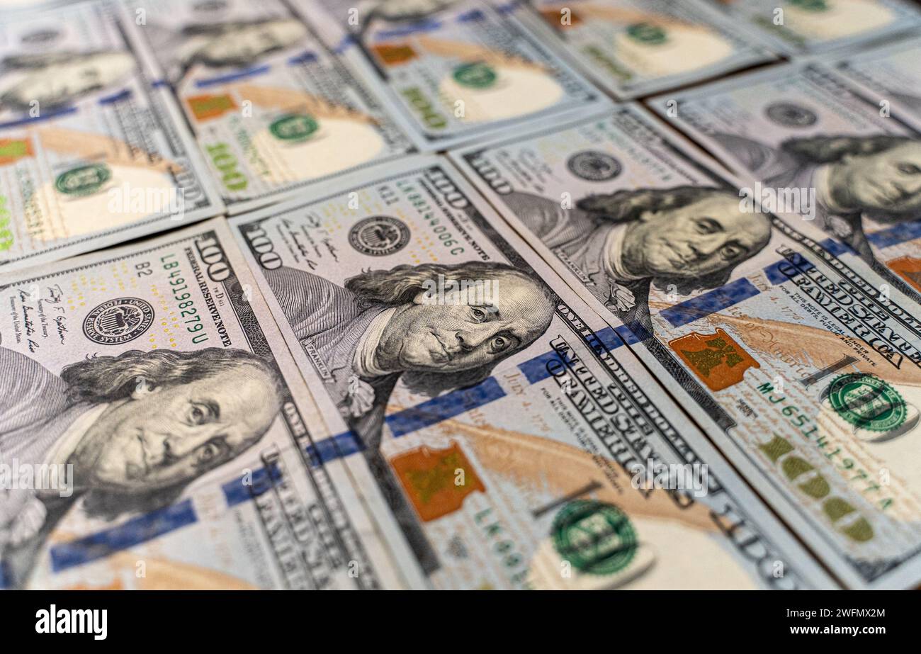 Close up view of cash money, 100 one hundred US dollar bills, 50 US ...