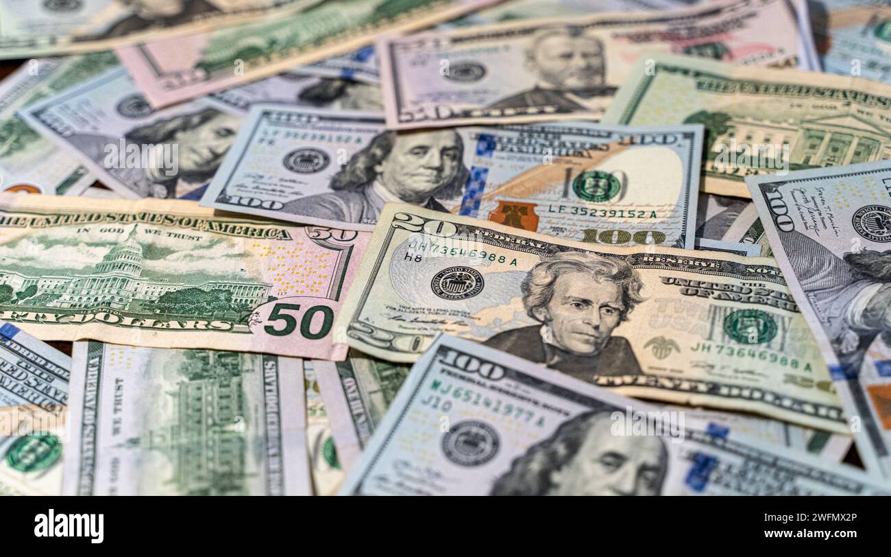 Close up view of cash money, 100 one hundred US dollar bills, 50 US ...