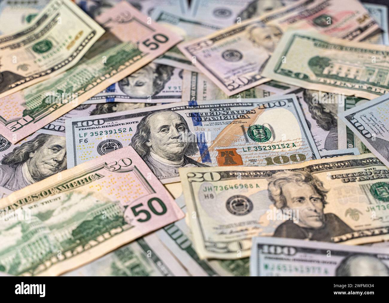 Close up view of cash money, 100 one hundred US dollar bills, 50 US ...