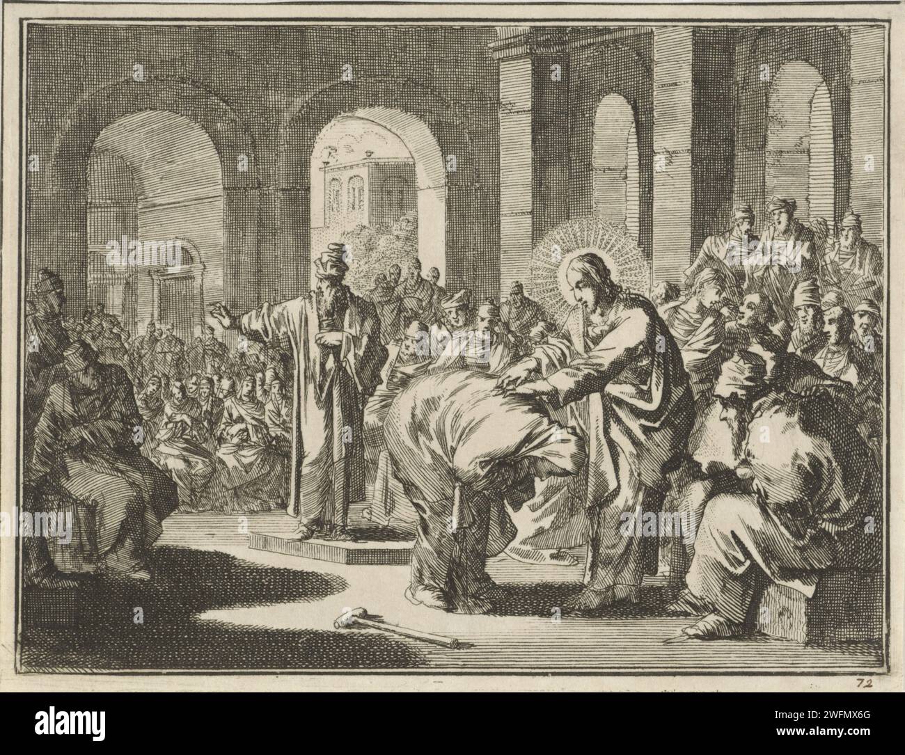 In the synagogue Christ heals a curved woman, Jan Luyken, 1712 print ...
