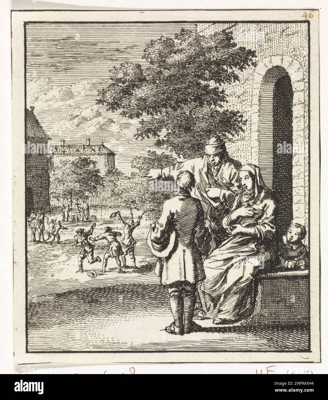 Father points his son to children playing, Jan Luyken, 1712 print Amsterdam paper etching ...