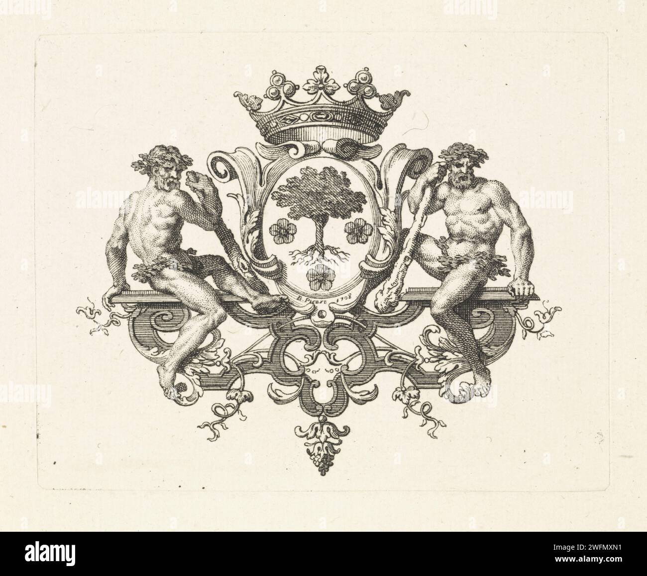 Crowned coat of arms with tree and three flowers, Bernard Picart, 1708 ...