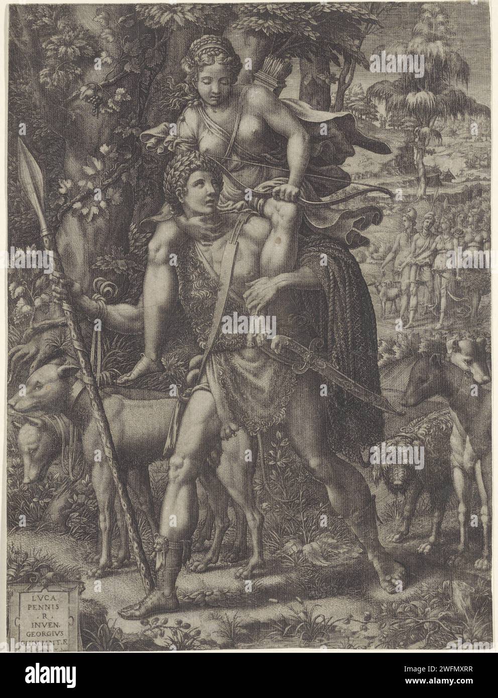 Allegory on the hunt, Giorgio Ghisi, After Luca Penni, 1556 print The ...