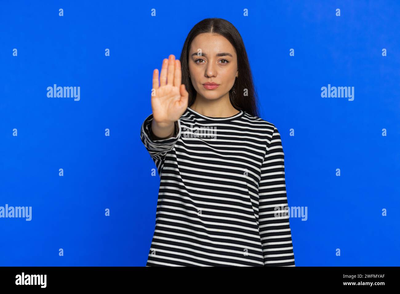 Stop, enough. Caucasian woman say no hold palm folded crossed hands in ...