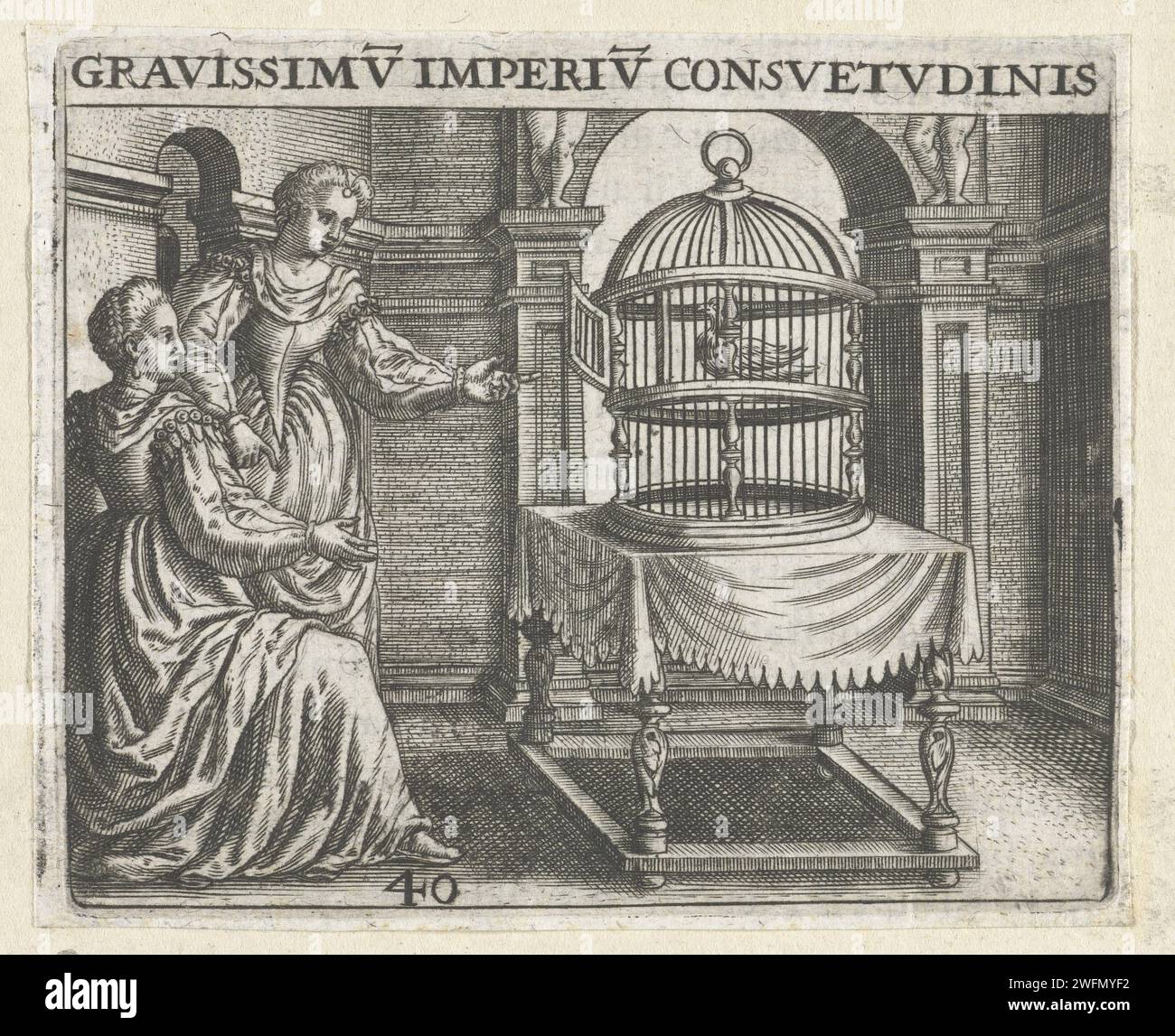 Two Women At A Bird Bird Cage With Bird, 1596 print Two women look at ...