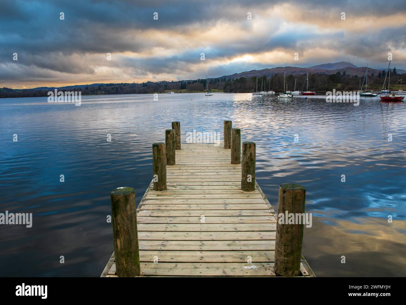 Wooden pier at Waterhead on Lake Windermere, Lake District, Cumbria ...