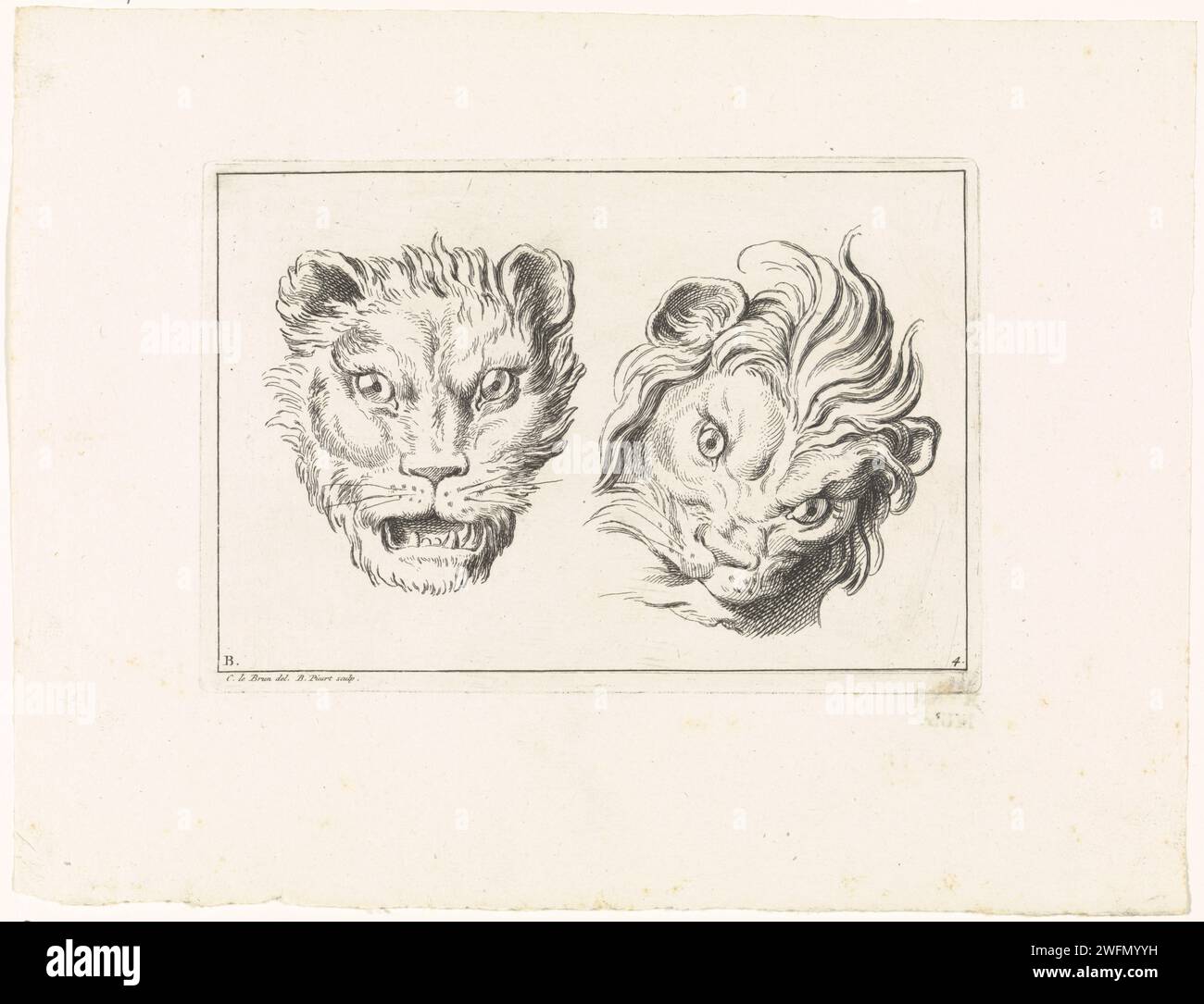 Two Lion heads, Bernard Picart, After Charles Le Brun, 1729 print Two ...