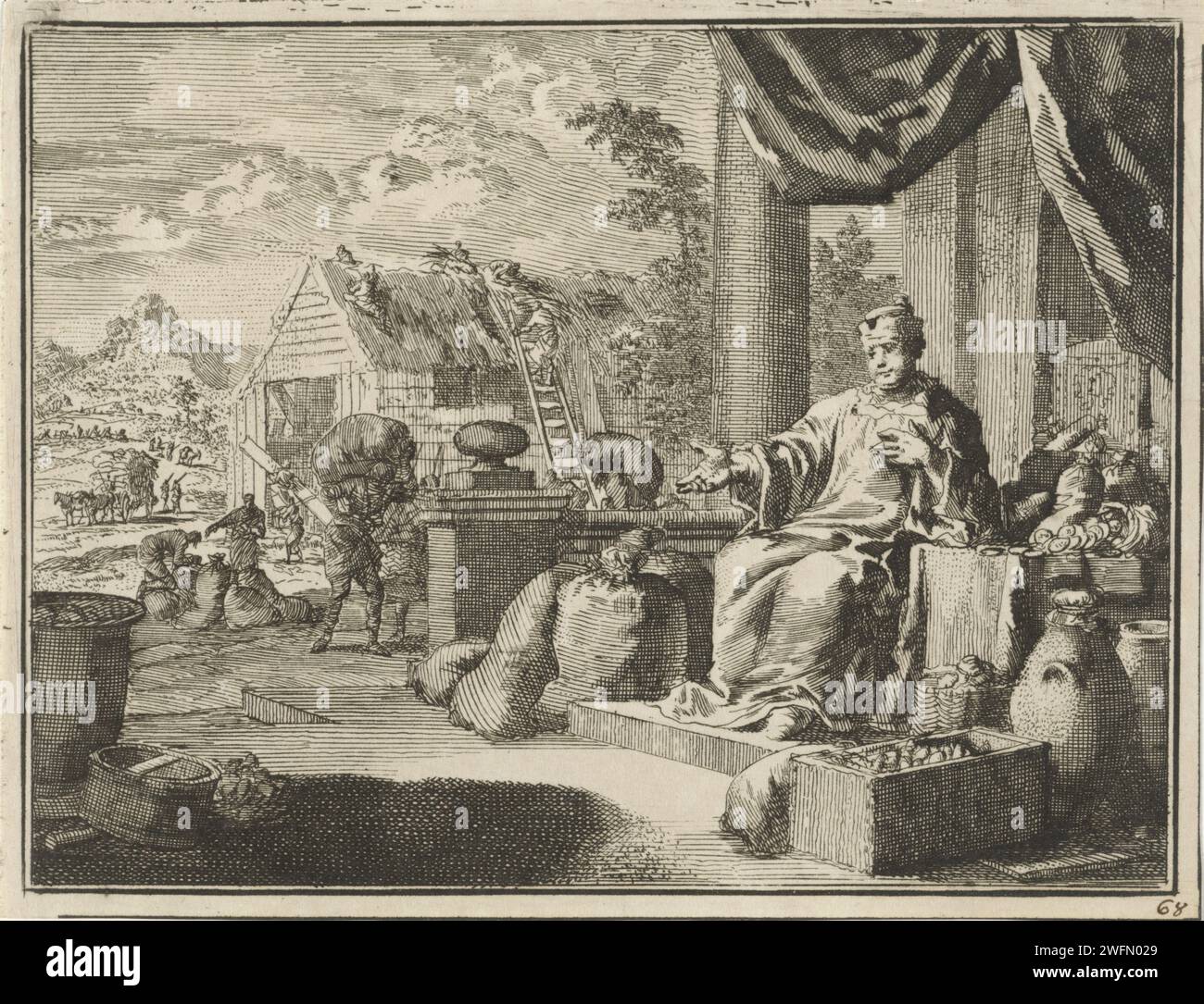 Parable of a greedy farmer, Jan Luyken, 1712 print Amsterdam paper ...