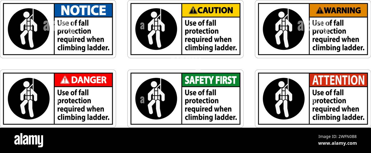 Caution Sign, Use Of Fall Protection Required When Climbing Ladder ...