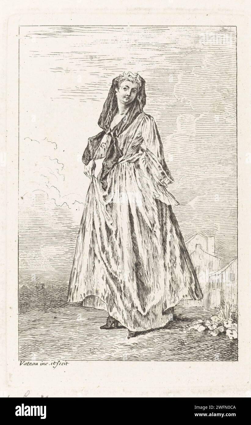 Standing woman dressed according to the fashion of ca. 1710, Jean ...