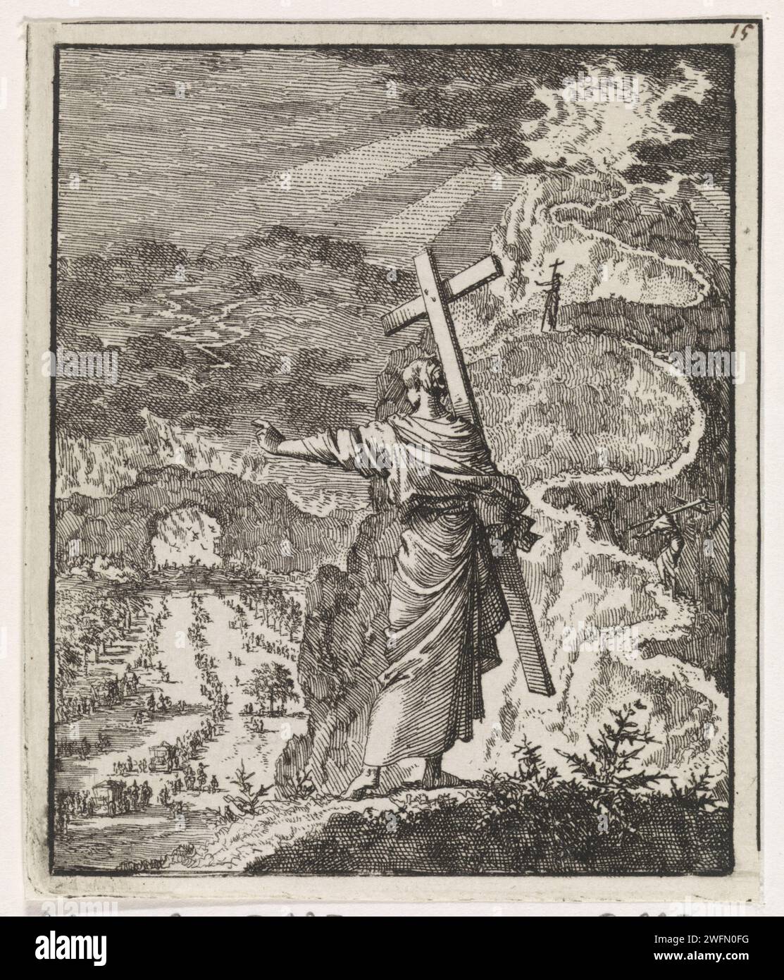 Woman with cross looks from the narrow road to the many figures on the ...