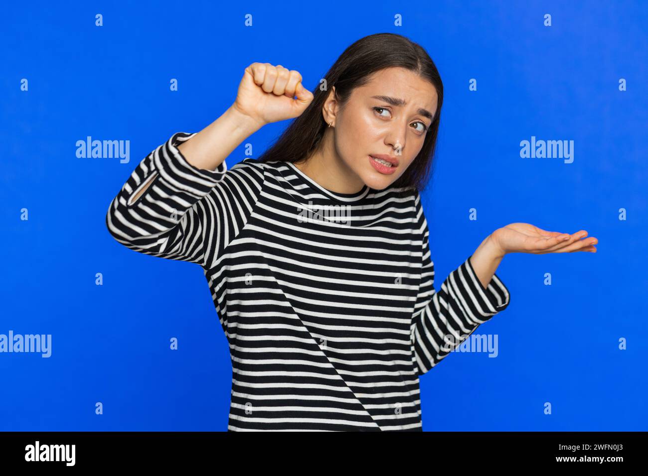 Knock Knock Who Is There Confused Excited Caucasian Woman Knocking