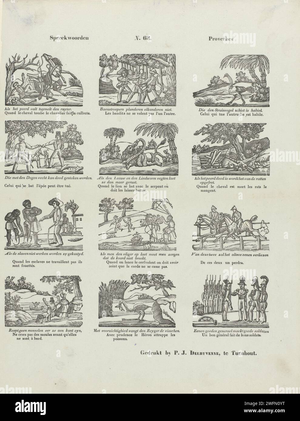 Proverbs / pro besches, P.J. Delhuvenne, 1842 - 1856 print Leaf with 12 ...