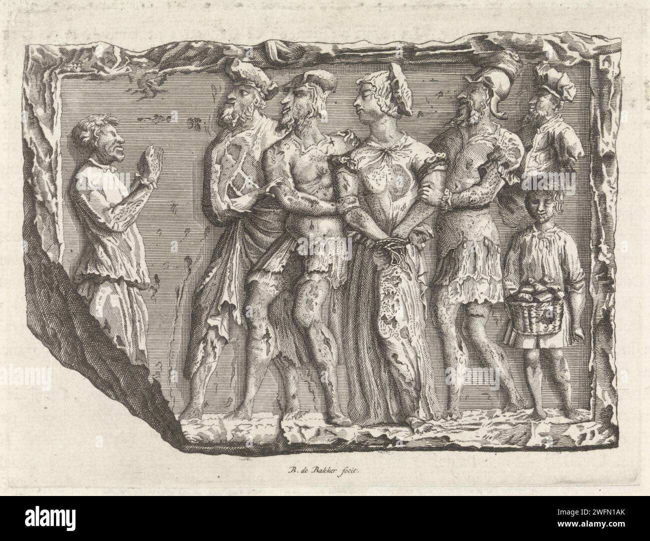 Relief with soldiers with tied up woman or saint, Barent de Bakker ...
