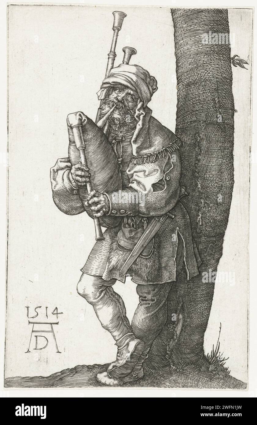 The bagpipe player, Albrecht Dürer, 1514 print A man plays bagpipes ...