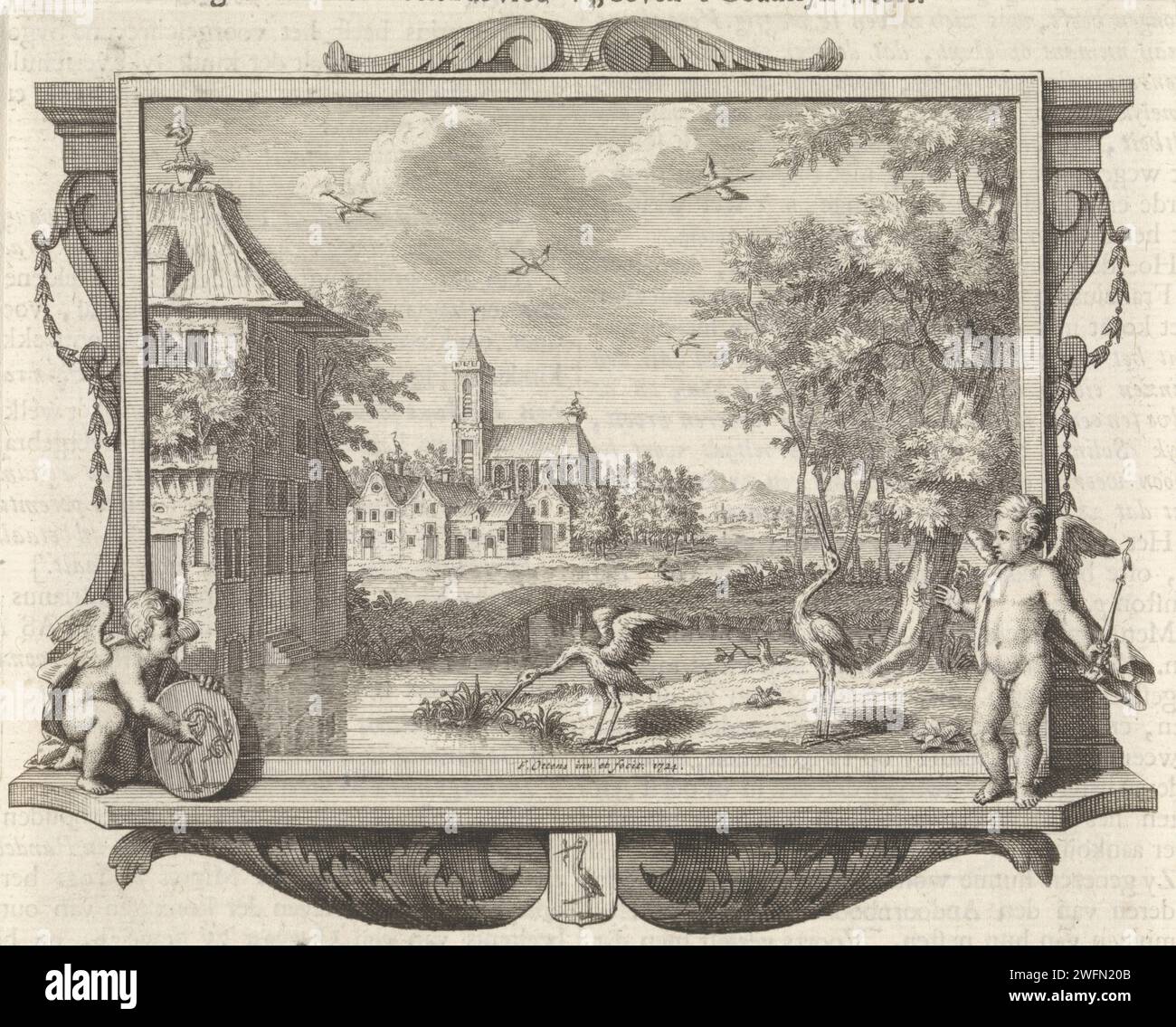 Village face with two storks at a pool, Frederik Ottens, 1724 print ...