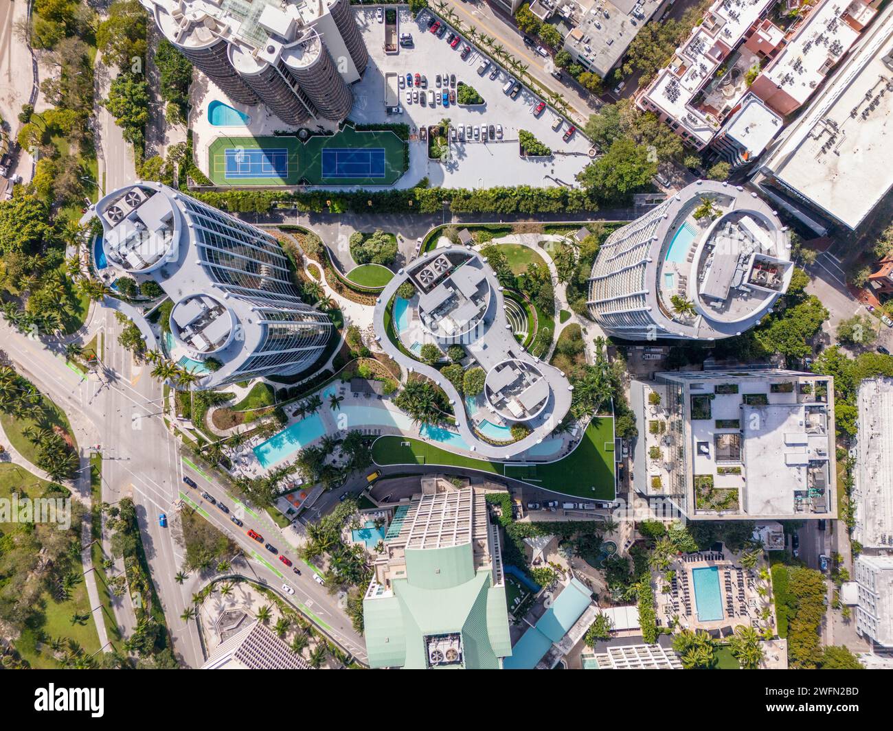 Aerial overhead photo of a building with rooftop swimming pool and ...