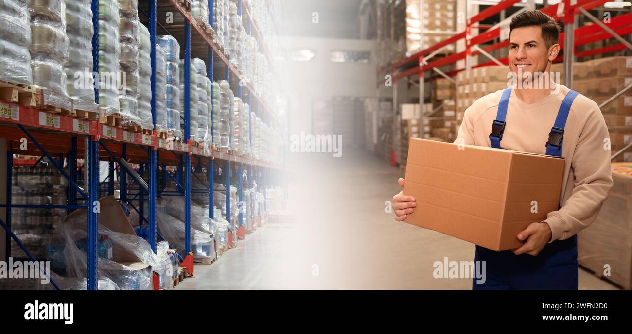 Distribution. Worker with cardboard box in warehouse, double exposure ...